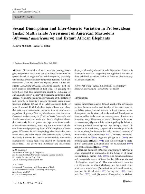 (PDF) Sexual Dimorphism and Inter-Generic Variation in Proboscidean ...