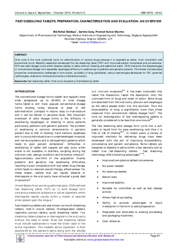 Pdf Fast Dissolving Tablets Preparation Characterization And