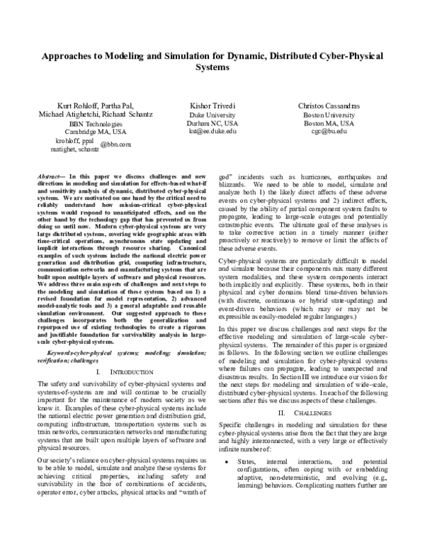 (PDF) Approaches to Modeling and Simulation for Dynamic, Distributed Cyber-Physical Systems