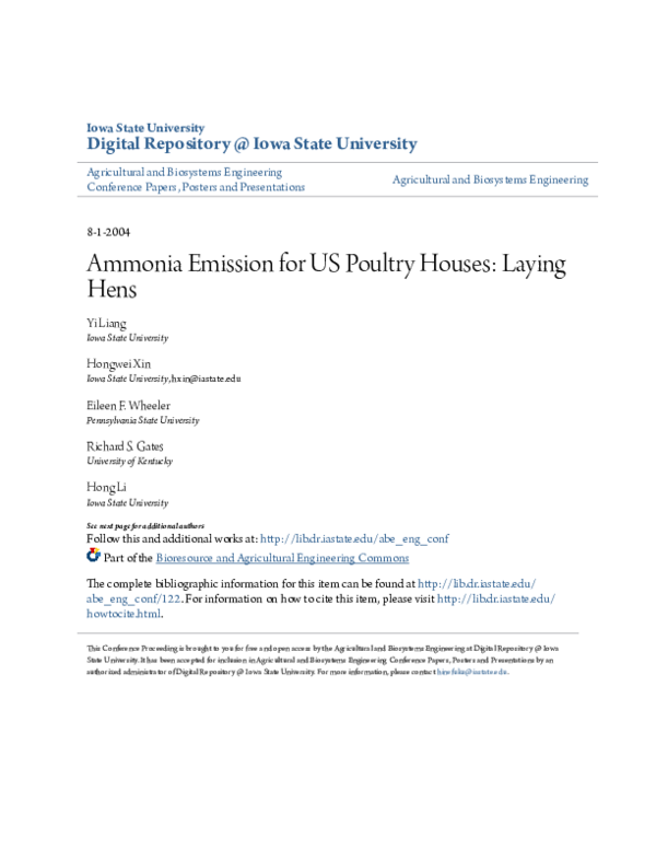 (PDF) Ammonia Emission for US Poultry Houses: Laying Hens