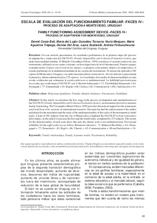 (PDF) Escala de evaluación del funcionamiento familiar-FACES IV-: processo de adaptación a ...