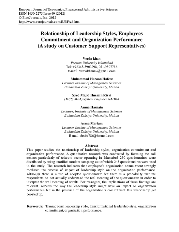 (PDF) Relationship of Leadership Styles, Employees Commitment and Organization Performance (A ...