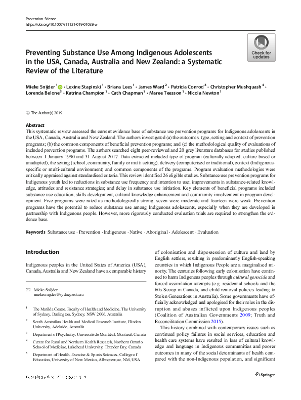 Pdf Preventing Substance Use Among Indigenous Adolescents In The Usa