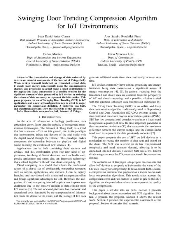 (PDF) Swinging Door Trending Compression Algorithm for IoT Environments