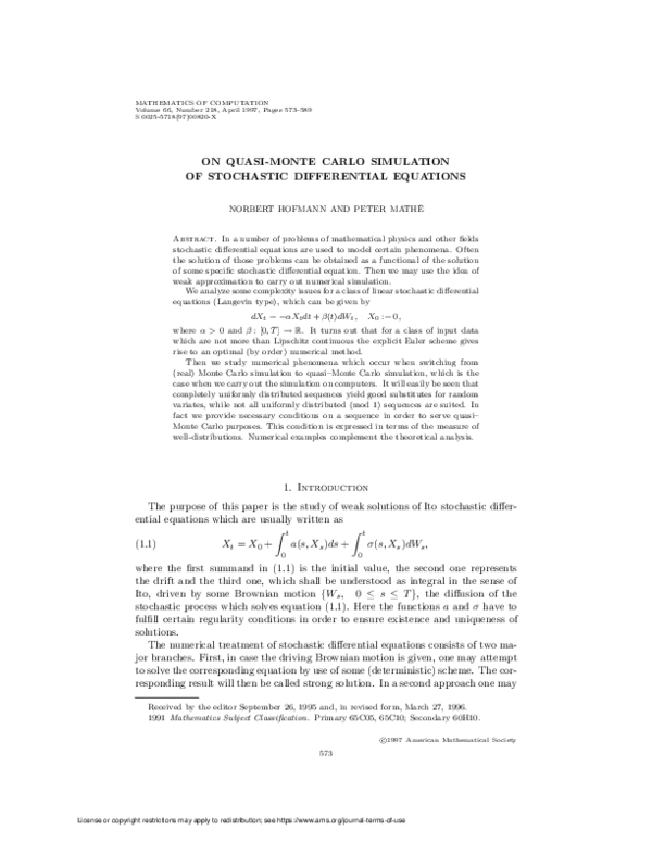 Pdf On Quasi Monte Carlo Simulation Of Stochastic Differential Equations