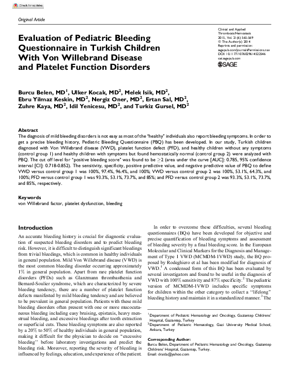 (PDF) Evaluation of Pediatric Bleeding Questionnaire in Turkish ...