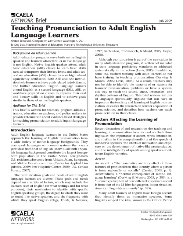 (PDF) Teaching Pronunciation to Adult English Language Learners. CAELA ...