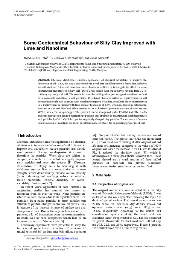 (PDF) Some Geotechnical Behaviour of Silty Clay Improved with Lime and ... (PDF) Some Geotechnical Behaviour of Silty Clay Improved with Lime and ...
