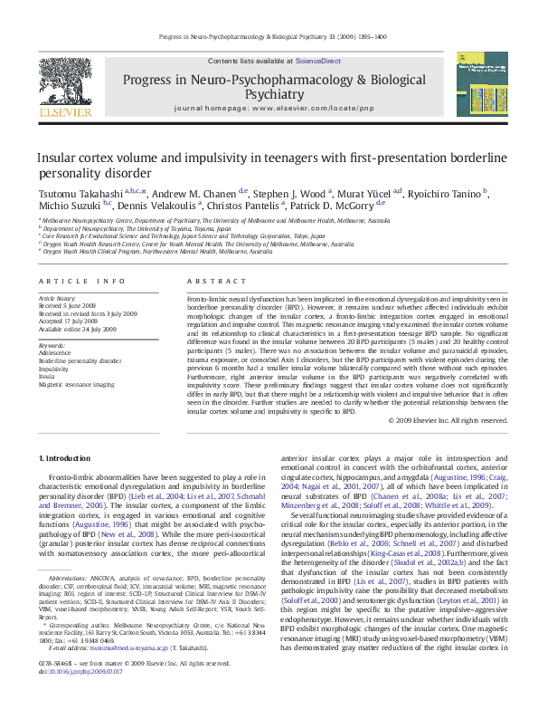 (PDF) Insular cortex volume and impulsivity in teenagers with first ...