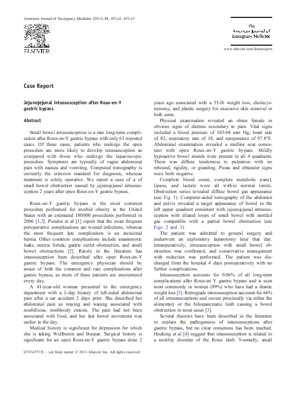 Pdf Jejunojejunal Intussusception After Roux En Y Gastric Bypass