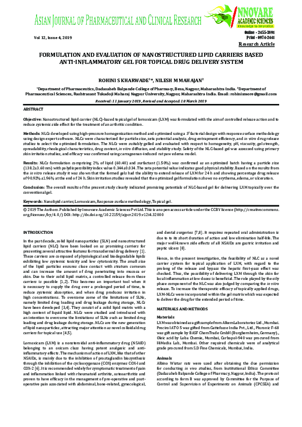 Pdf Formulation And Evaluation Of Nanostructured Lipid Carrier Nlc Based Gel Of Valdecoxib