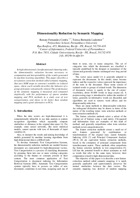 (PDF) Dimensionality reduction by semantic mapping | Renato F . Corrêa - Academia.edu