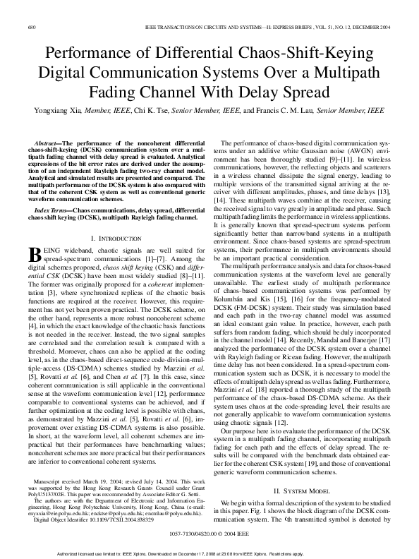 (PDF) Performance of Differential Chaos-Shift-Keying Digital Communication Systems Over a ...