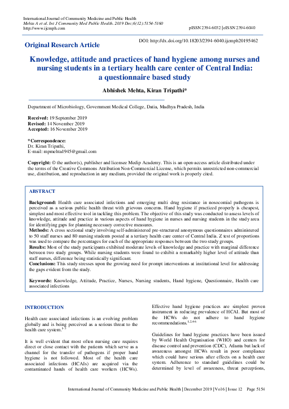 (PDF) Knowledge, attitude and practices of hand hygiene among nurses ...
