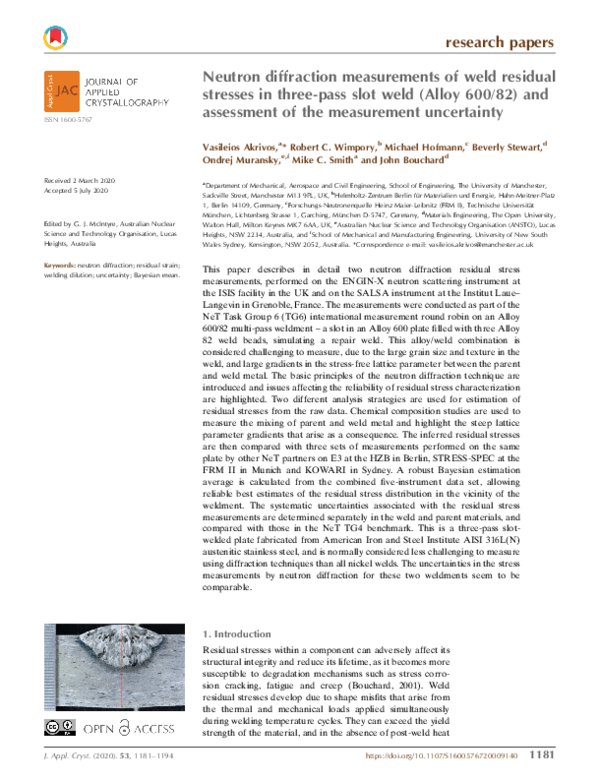 (PDF) Neutron diffraction measurements of weld residual stresses in three-pass slot weld (Alloy ...