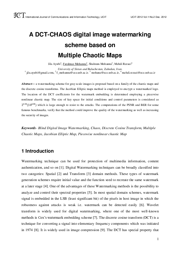 Pdf A Dct Chaos Digital Image Watermarking Scheme Based On Multiple Chaotic Maps Mehdi