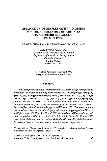 (PDF) Application of Simplex-Centroid Design for the Formulation of Partially Interesterified ...