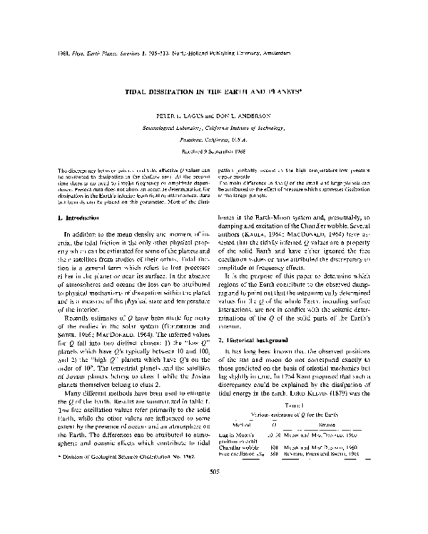 (PDF) Tidal dissipation in the earth and planets
