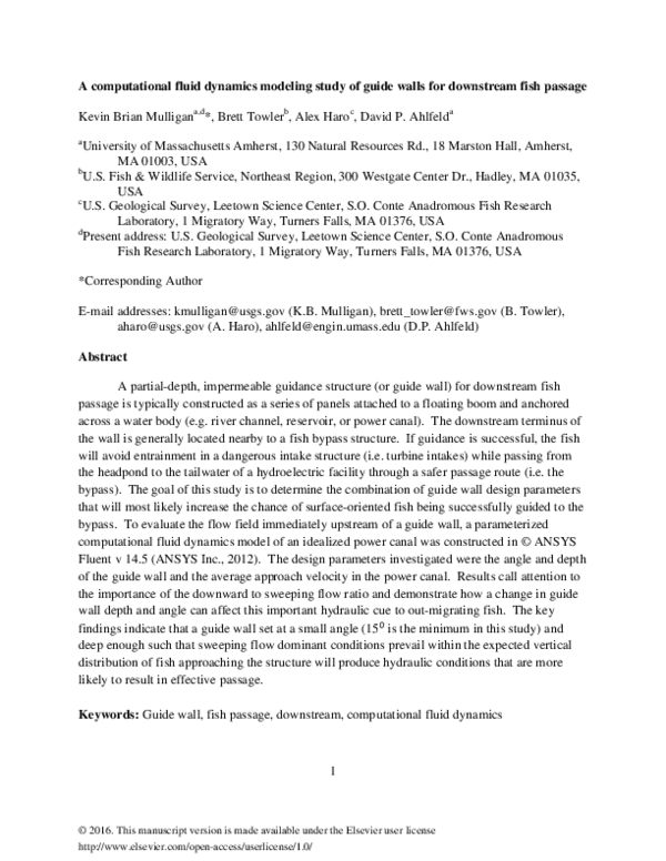 (PDF) A computational fluid dynamics modeling study of guide walls for downstream fish passage