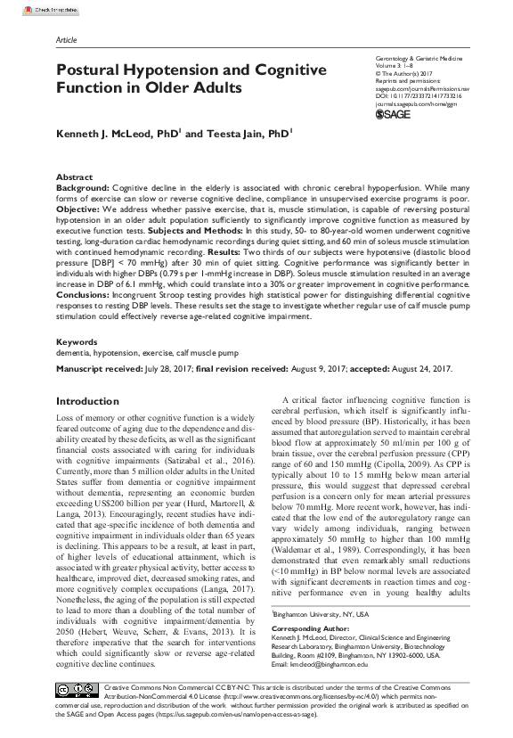 (PDF) Postural Hypotension and Cognitive Function in Older Adults