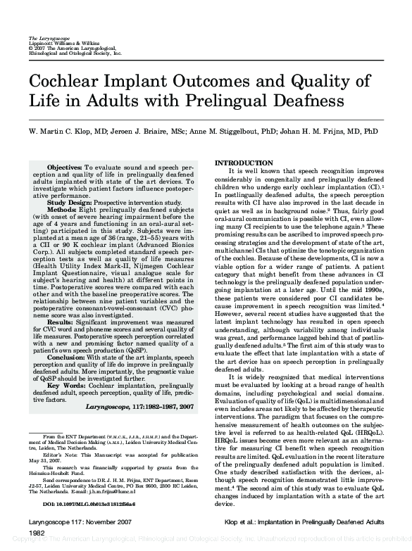 (PDF) Cochlear Implant Outcomes and Quality of Life in Adults with ...