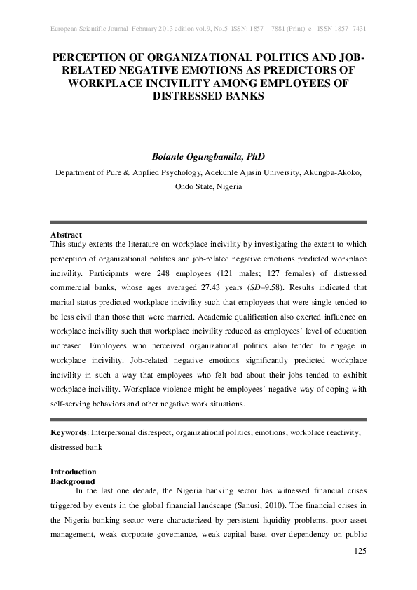 (PDF) Perception of Organizational Politics and Job-Related Negative Emotions as Predictors of ...