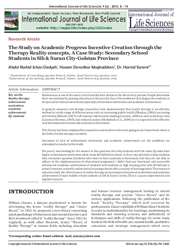 (PDF) The Study on Academic Progress Incentive Creation through the Therapy Reality concepts, A ...
