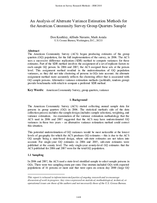 Pdf An Analysis Of Alternate Variance Estimation Methods For The American Community Survey