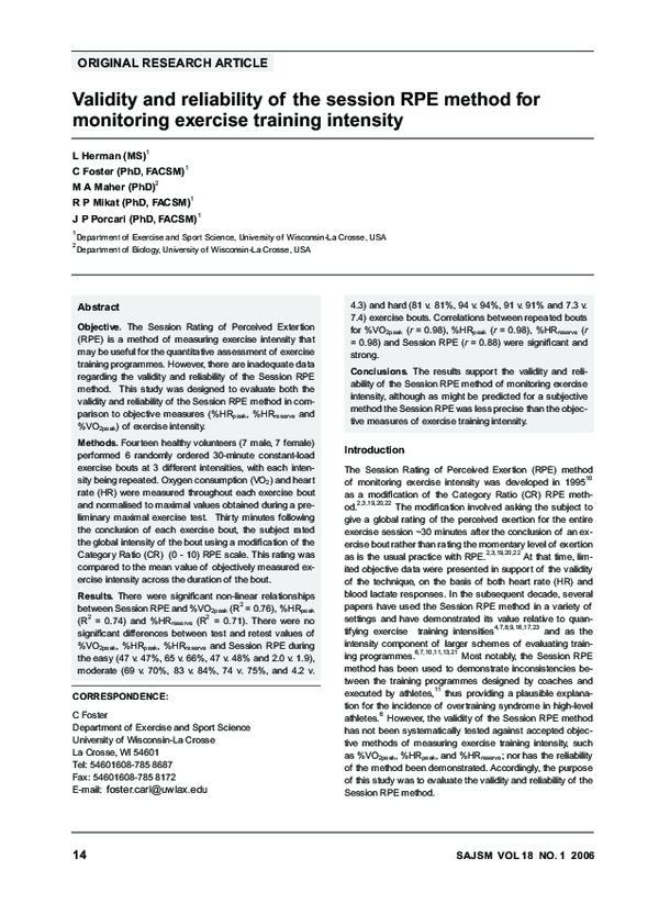 (PDF) Validity and reliability of the session RPE method for monitoring ...