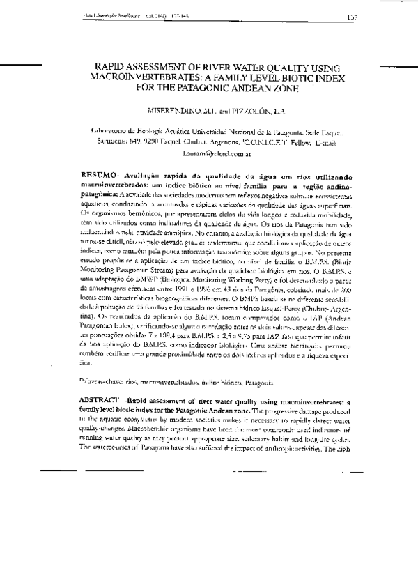 (PDF) Rapid assessment of river water quality using macroinvertebrates ...