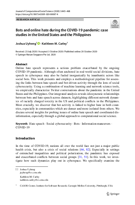(PDF) Bots and online hate during the COVID-19 pandemic: case studies ...