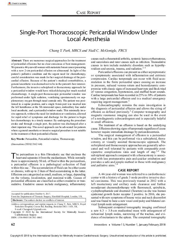 (PDF) Single-Port Thoracoscopic Pericardial Window Under Local Anesthesia