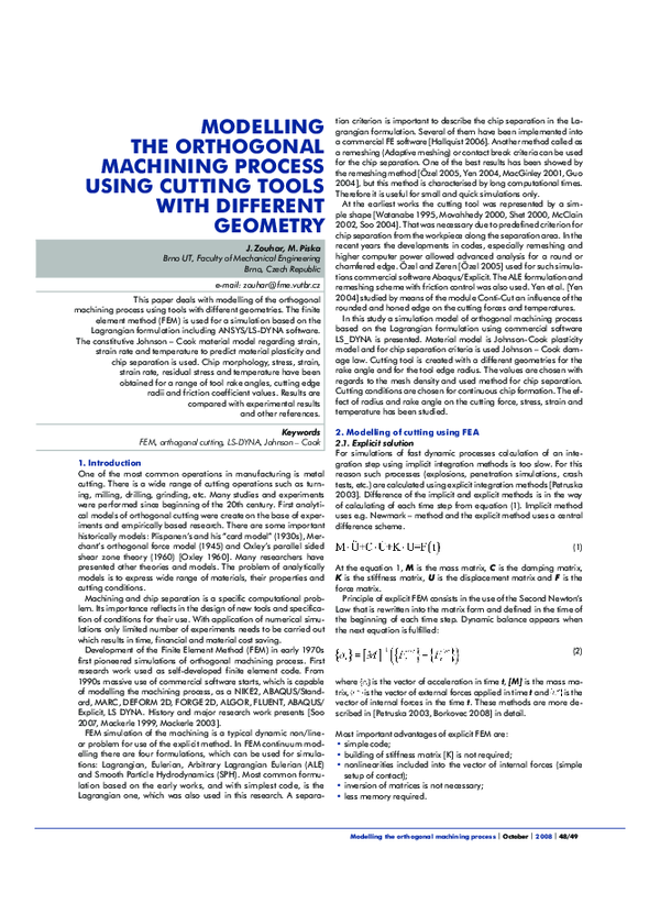 Pdf Modelling The Orthogonal Machining Process Using Cutting Tools With Different Geometry