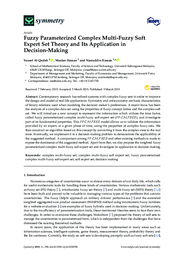 Pdf Fuzzy Parameterized Complex Multi Fuzzy Soft Expert Set Theory And Its Application In 