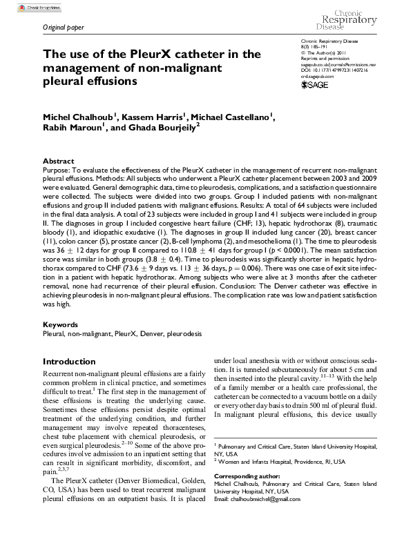 (PDF) The use of the PleurX catheter in the management of non-malignant ...