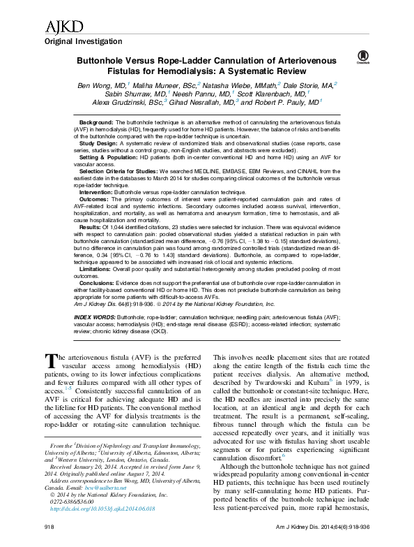 (PDF) Buttonhole Versus Rope-Ladder Cannulation of Arteriovenous ...