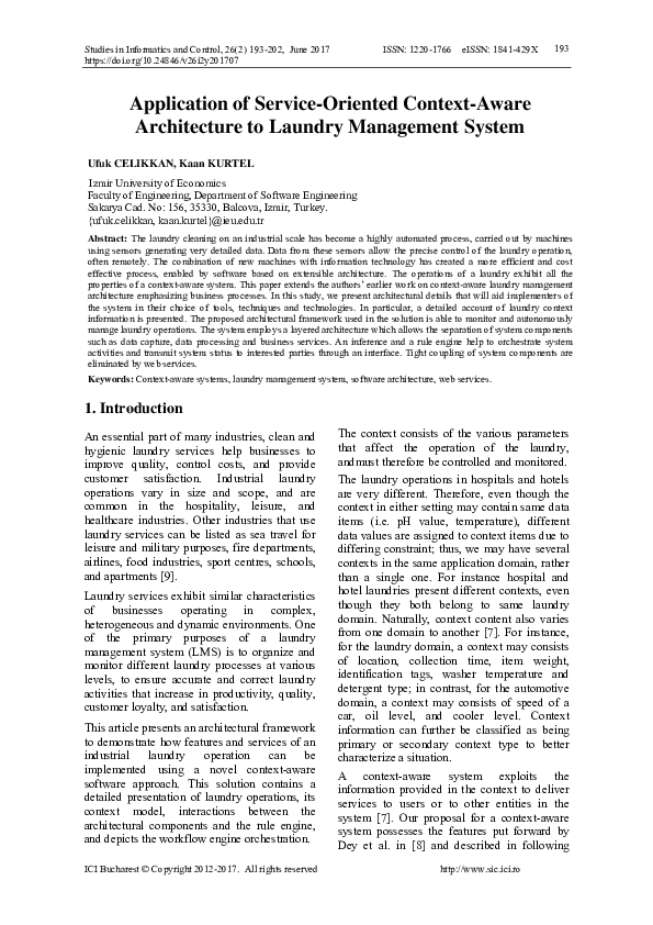 (PDF) Application of Service-Oriented Context-Aware Architecture to Laundry Management System