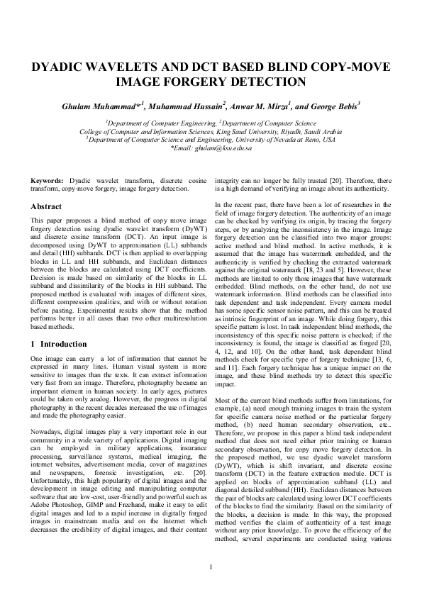 (PDF) Dyadic wavelets and dct based blind copy-move image forgery detection