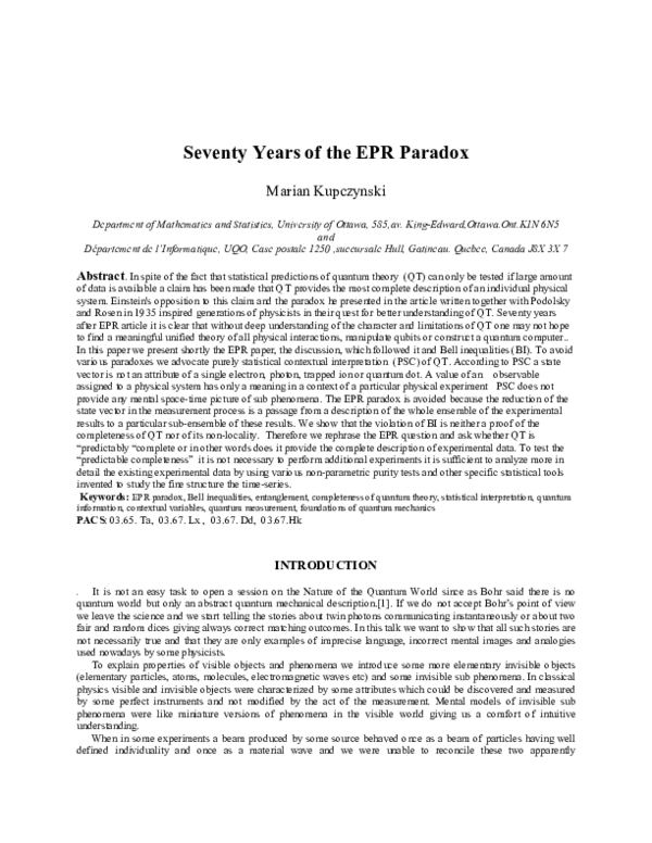 (PDF) Seventy Years of the EPR Paradox