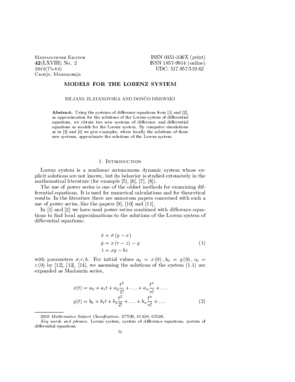 (PDF) Models for the Lorenz System
