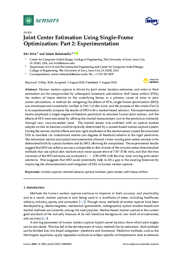Pdf Joint Center Estimation Using Single Frame Optimization Part 2 Experimentation