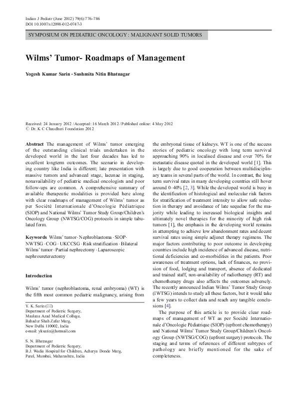 Pdf Wilms Tumor Roadmaps Of Management
