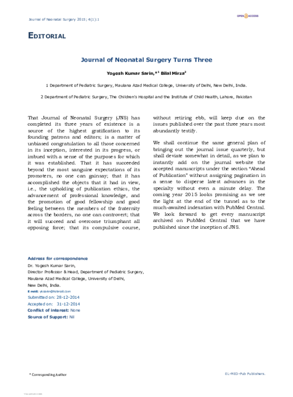 (PDF) Journal of neonatal surgery turns three