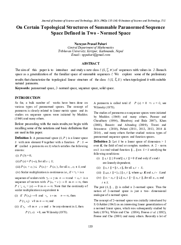 Pdf On Certain Topological Structures Of Summable Paranormed Sequence Space Defined In Two