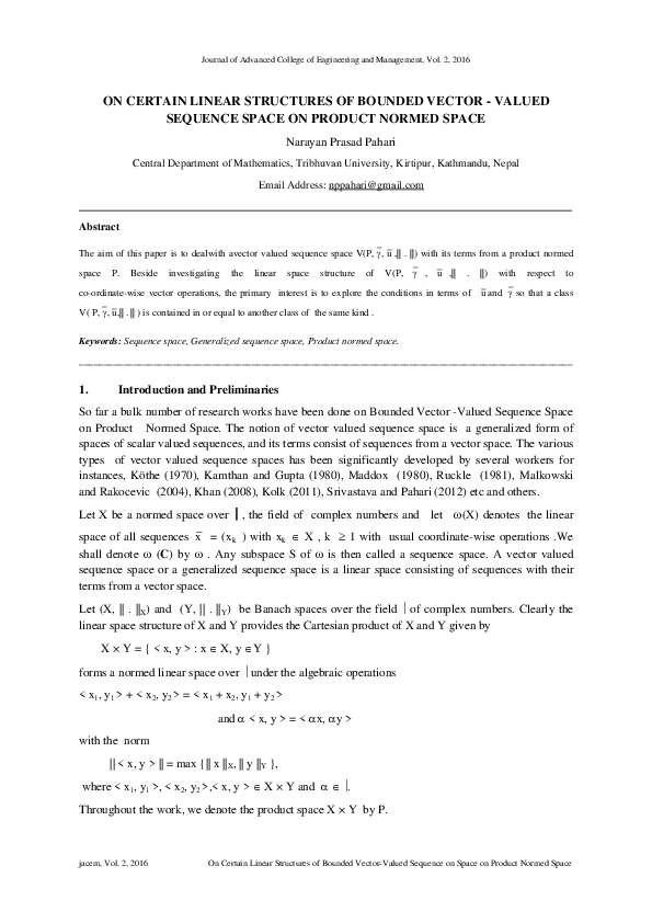 (PDF) On Certain Linear Structures of Bounded Vector - Valued Sequence Space on Product Normed Space