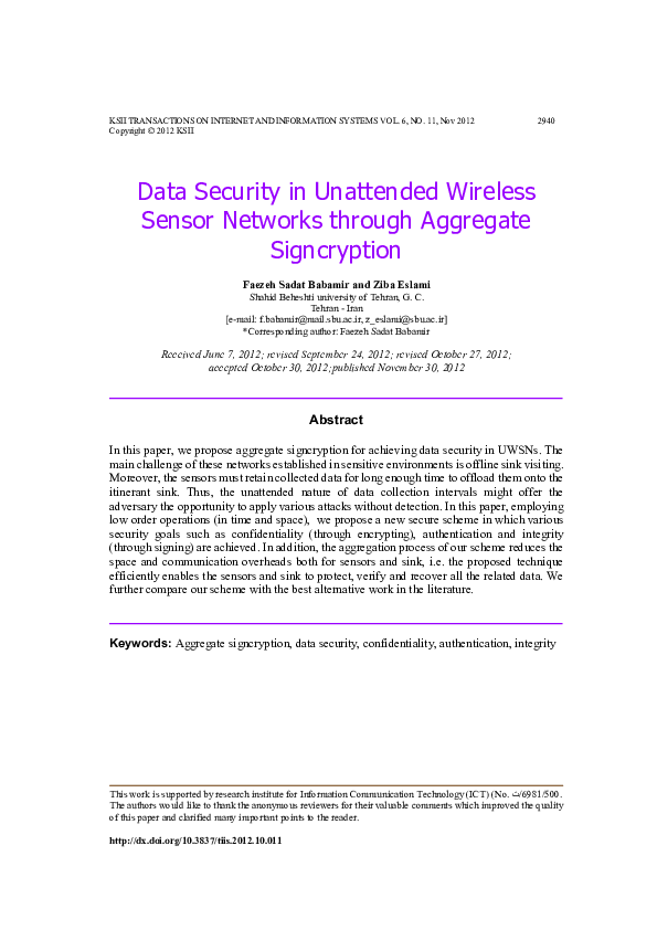 (PDF) Data security in unattended wireless sensor networks through aggregate signcryption