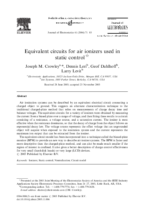 (PDF) Equivalent circuits for air ionizers used in static control