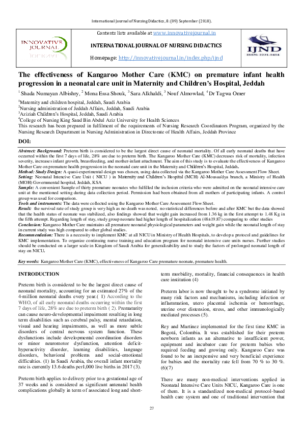 (PDF) The effectiveness of Kangaroo Mother Care (KMC) on premature ...
