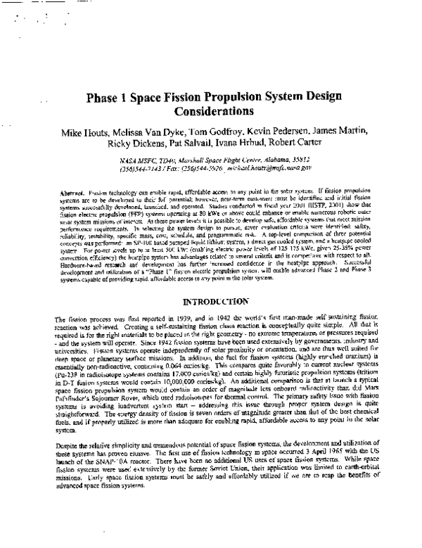 (PDF) Phase 1 space fission propulsion system design considerations