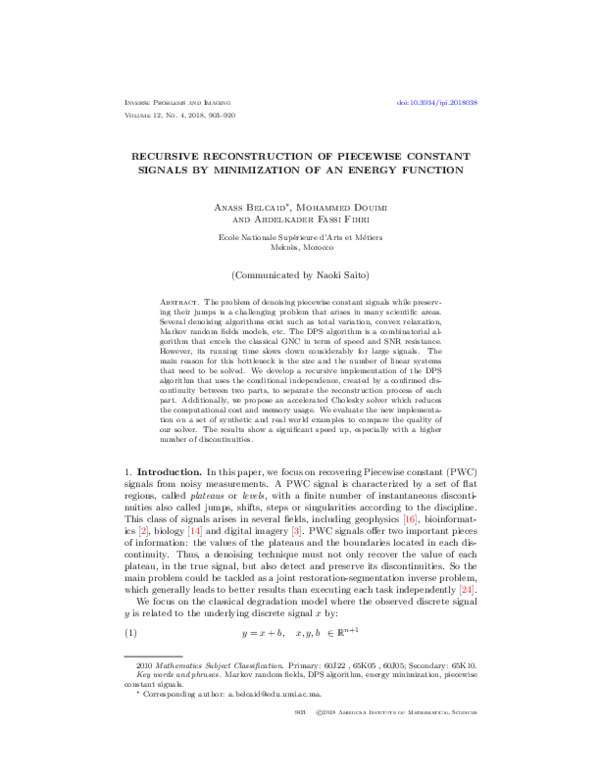 Pdf Recursive Reconstruction Of Piecewise Constant Signals By Minimization Of An Energy